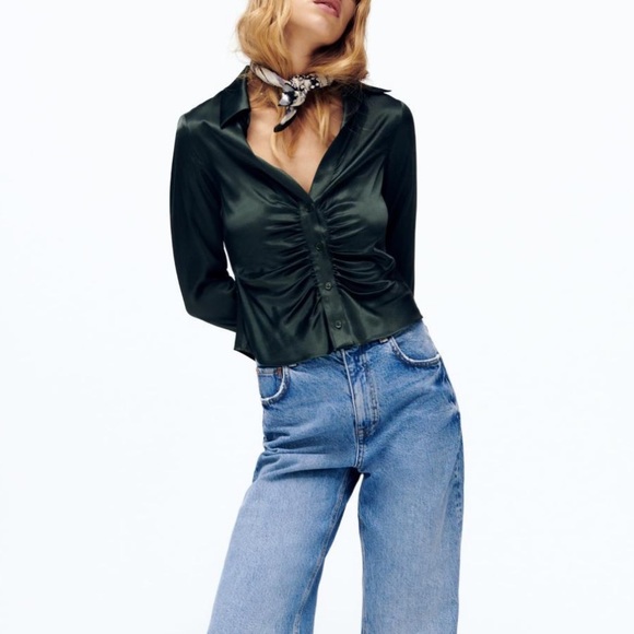Zara | Tops | Zara Ruched Satin Effect Shirt In Emerald Green | Poshmark